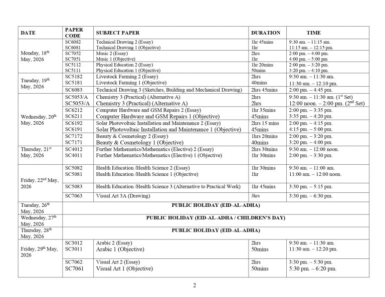 WAEC Timetable 2026 is out: Full WASSCE dates, first paper and what SS3 ...