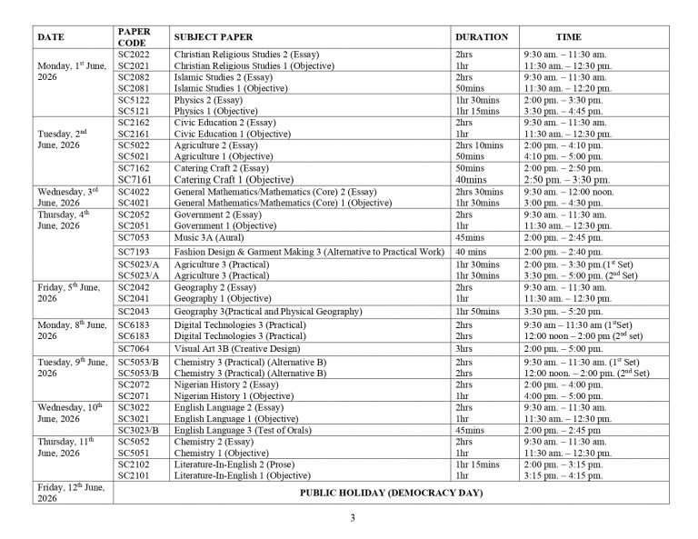 WAEC Timetable 2026 is out: Full WASSCE dates, first paper and what SS3 ...